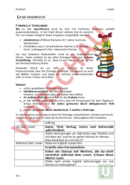 Arbeitsblatt: Lesetagebuch - Deutsch - Leseförderung / Literatur