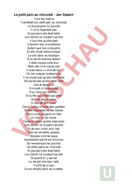 Arbeitsblatt: Le petit pain au chocolat - Joe Dassin - Französisch ...