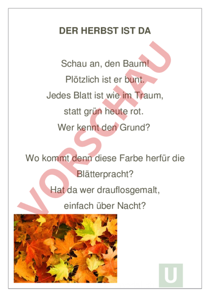 Arbeitsblatt: Herbstgedicht zum auswendig lernen - Deutsch - Anderes Thema