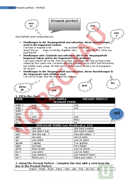 Arbeitsblatt: present perfect unit 7 - Englisch - Grammatik