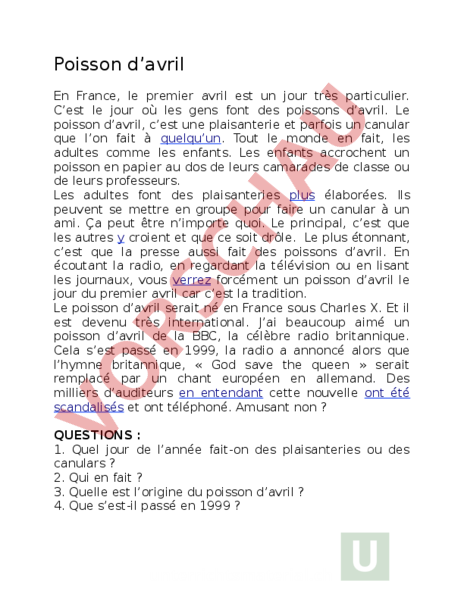 Arbeitsblatt: Poisson d'avril - Französisch - Textverständnis