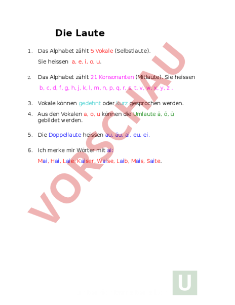 Arbeitsblatt: Die Laute - Deutsch - Gemischte Themen