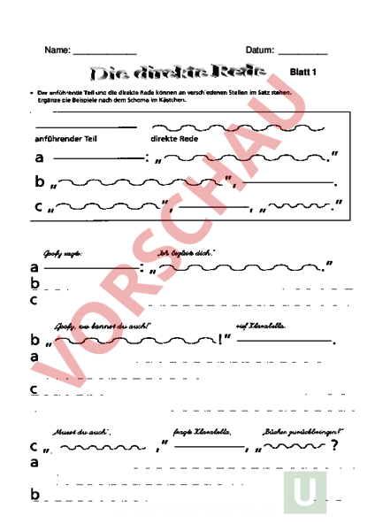 Arbeitsblatt: Direkte Rede - Deutsch - Grammatik