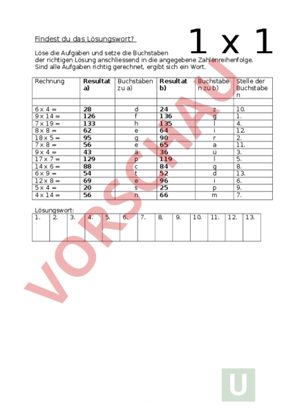 Arbeitsblatt: 1x1 Findest du das Lösungswort - Mathematik - Multiplikation