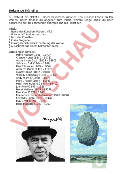 Arbeitsblatt: Plakat Künstler - Bildnerisches Gestalten - Kunstgeschichte Arbeitsblatt: Plakat Künstler - Bildnerisches Gestalten - Kunstgeschichte
