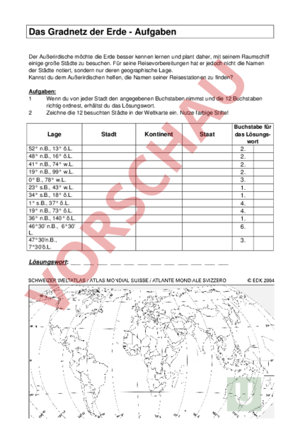 Arbeitsblatt: Gradnetz der Erde - Geographie - Kartographie / Gradnetz