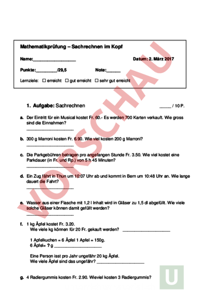 Arbeitsblatt: Mathetest - Mathematik - Sachrechnen / Grössen