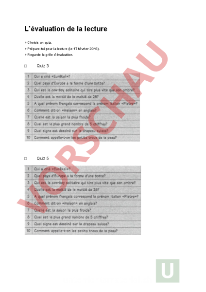 Arbeitsblatt: Evaluation lecture - Französisch - Lesen / Literatur