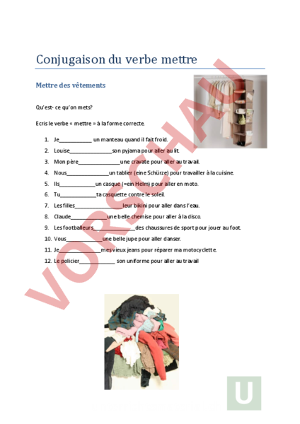 Arbeitsblatt: conjugaison mettre - Französisch - Grammatik