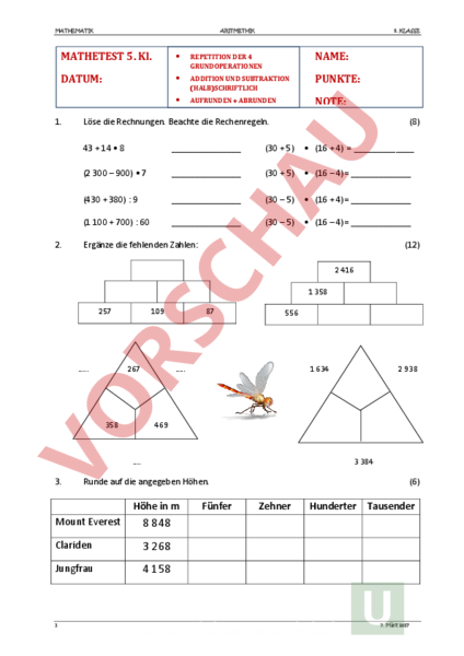 Arbeitsblatt: Mathtest 5. Kl. - Deutsch - Gemischte Themen