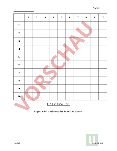 Arbeitsblatt: Tabelle 1x1 - Mathematik - Multiplikation