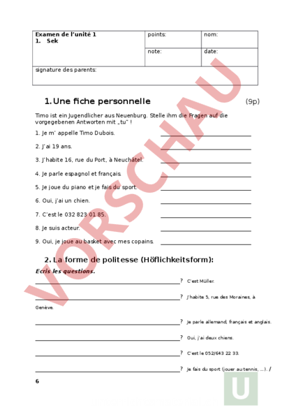 Arbeitsblatt: Test Unité 1 - Französisch - Lehrmittel