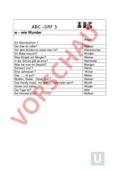 Arbeitsblatt: ABC SRF 3 Buchstabe w - Diverses / Fächerübergreifend - Gemischte Themen