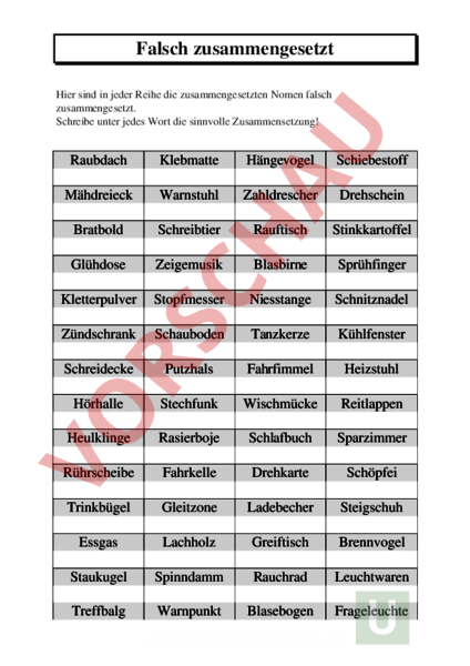 Arbeitsblatt: zusammengesetzte Nomen - Deutsch - Grammatik