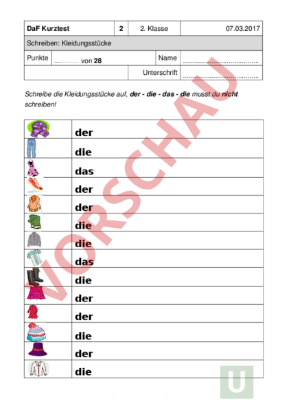 Arbeitsblatt: Schreiben: Kleidungsstücke - Deutsch - DaZ