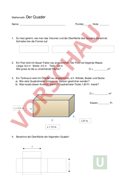 Arbeitsblatt: Test Quader - Geometrie - Körper / Figuren