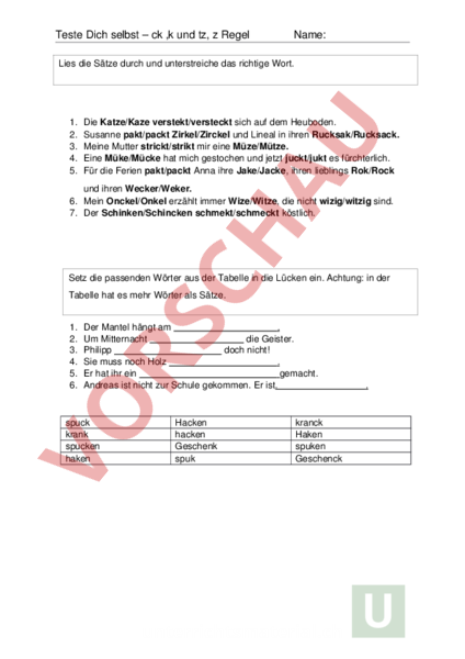 Arbeitsblatt: tz-z, ck-k Regel - Deutsch - Grammatik
