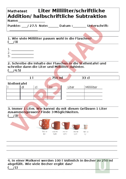 Arbeitsblatt: Test Liter Milliliter und schriftliche Addition ...