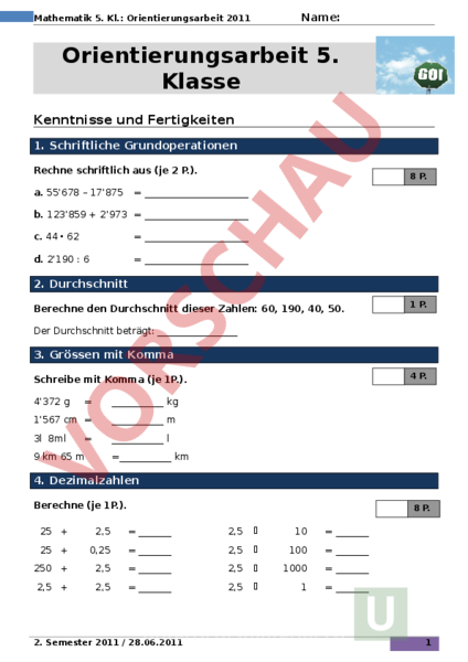 Arbeitsblatt: Mathematik Orientierungsarbeit - Mathematik - Gemischte ...