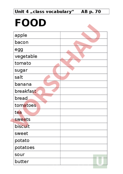 Arbeitsblatt: Unit4: Vocabulary Food - Englisch - Wortschatz