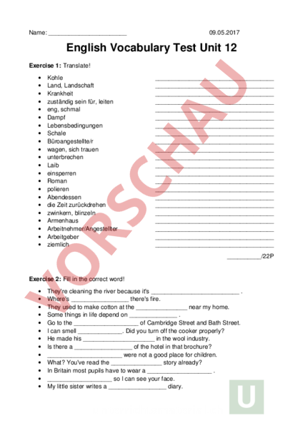 Arbeitsblatt: vocabulary test ow 2 unit 12 - Englisch - Wortschatz