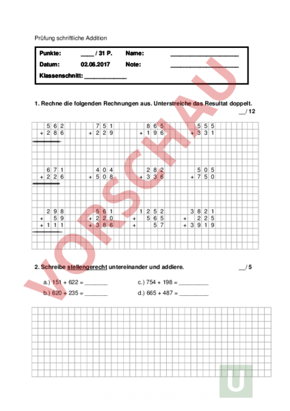 Arbeitsblatt: Prüfung schriftliche Addition - Mathematik - Addition