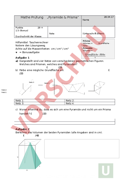 Arbeitsblatt: Mathe Prüfung Prisma und Pyramide - Geometrie - Körper ...