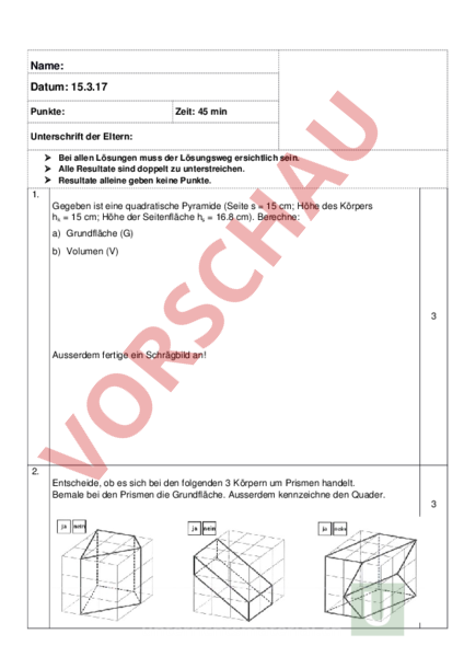 Arbeitsblatt: LZK LU10 Prisma Pyramide - Geometrie - Körper / Figuren