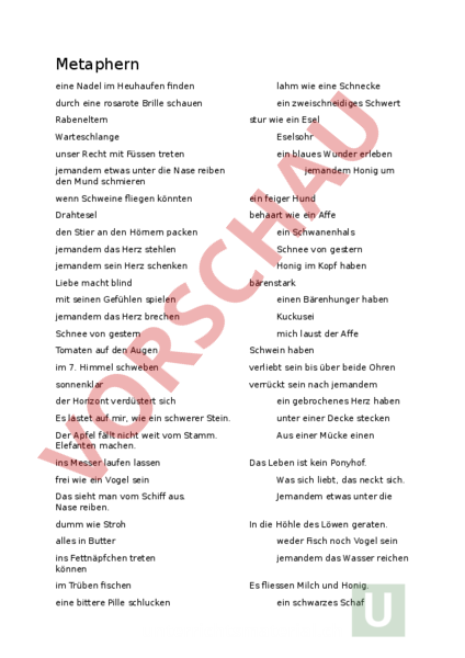 Arbeitsblatt: Metaphern - Deutsch - Wortschatz
