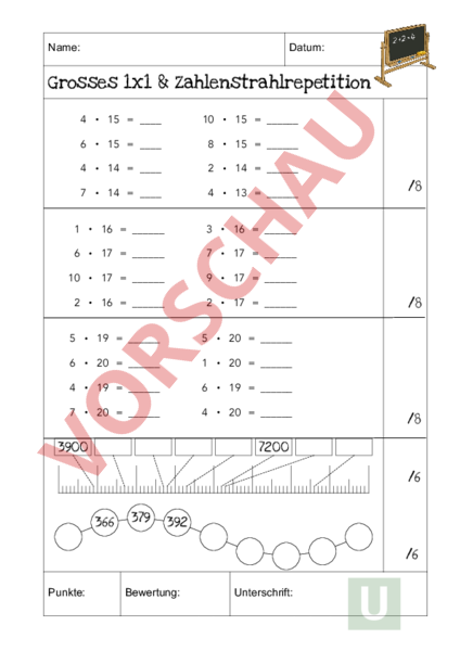 Arbeitsblatt: Grosses 1x1 - Lernkontrolle - Mathematik - Multiplikation