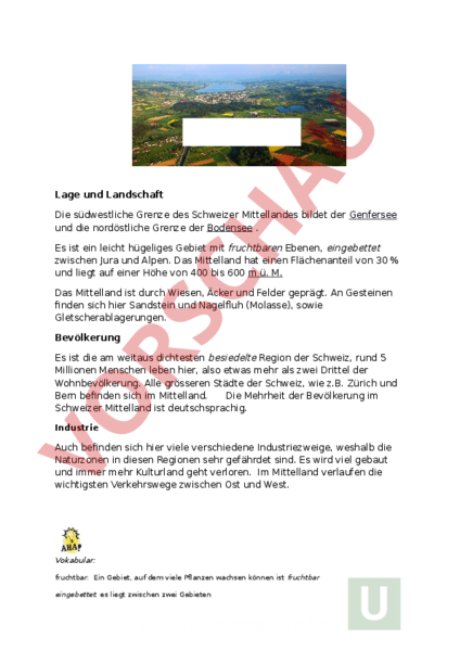 Arbeitsblatt: Das Mittelland - Geographie - Schweiz