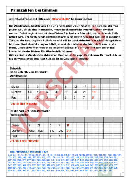 Arbeitsblatt: Primzahlen finden - Mathematik - Zahlenbereiche