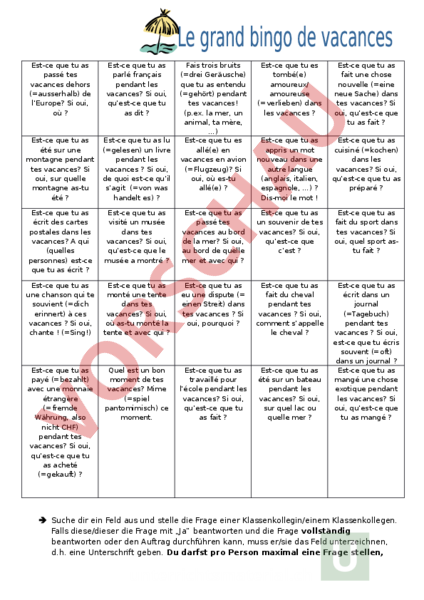 Arbeitsblatt: Bingo de vacances - Französisch - Anderes Thema