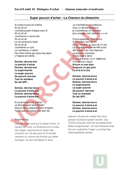 Arbeitsblatt: Chanson du dimanche - Französisch - Anderes Thema