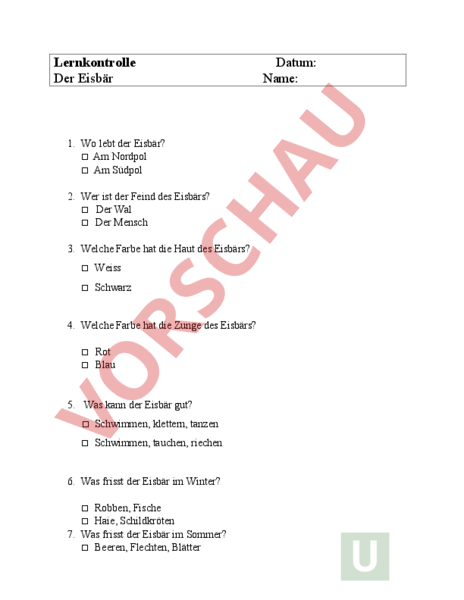 Arbeitsblatt: Lernkontrolle Eisbär - Biologie - Tiere