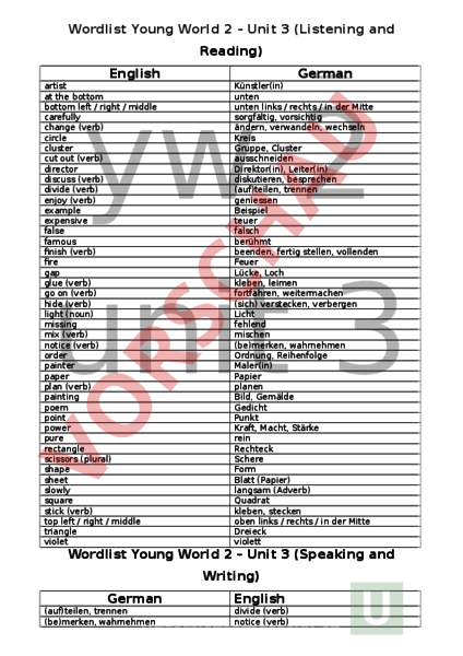 Arbeitsblatt: Young World 2 Unit 3 - Englisch - Wortschatz