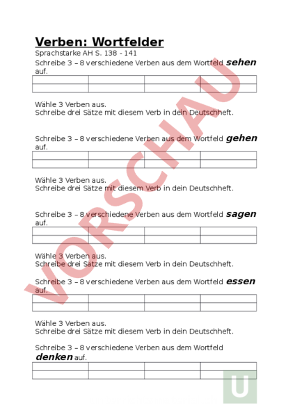 Arbeitsblatt: Wortfelder Verben - Deutsch - Grammatik