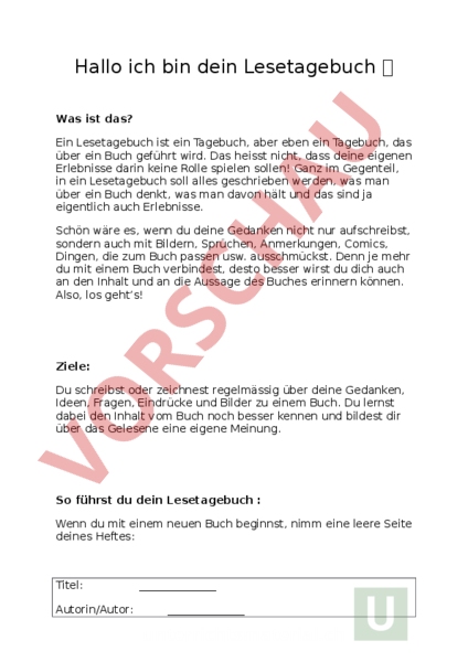 Arbeitsblatt: Anleitung Lesetagebuch - Deutsch - Leseförderung / Literatur