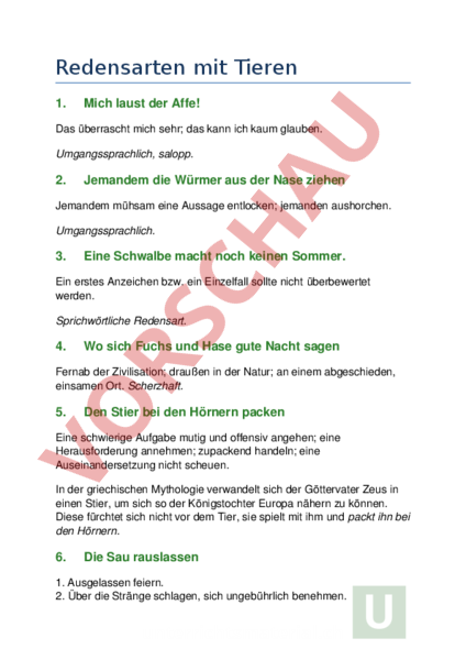 Arbeitsblatt: Redensarten mit Tieren - Deutsch - Wortschatz
