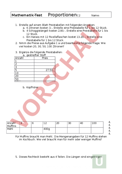 Arbeitsblatt: Test Proportionen - Mathematik - Proportionalität ...