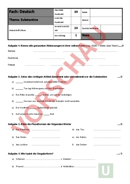 Arbeitsblatt: Prüfung Substantive - Deutsch - Grammatik