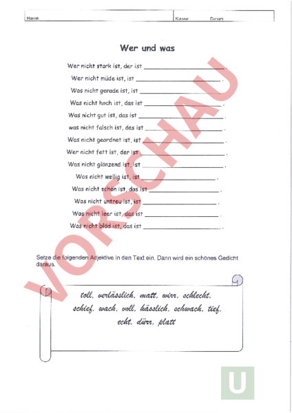 Arbeitsblatt: Adjektive _ Wer und Was - Deutsch - Grammatik