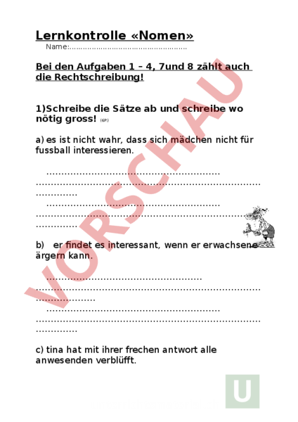 Arbeitsblatt: Lernkontrolle Nomen - Deutsch - Grammatik