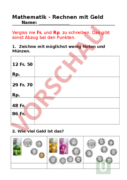 Arbeitsblatt: Geld - Mathematik - Sachrechnen / Grössen