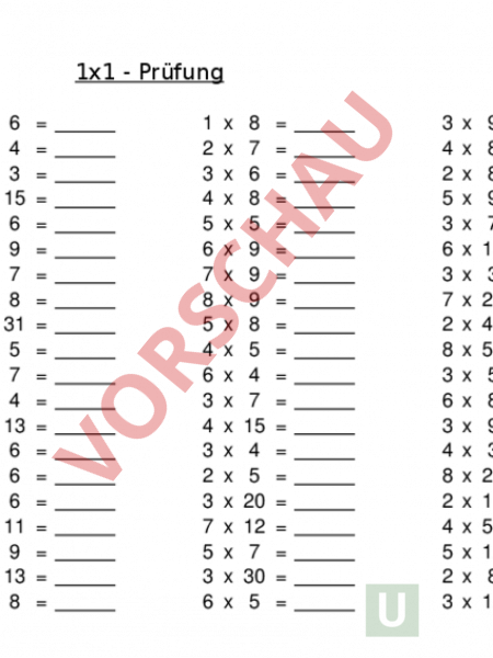 Arbeitsblatt: 1x1 Rechnungen - Mathematik - Multiplikation