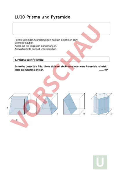 Arbeitsblatt: LU10 Prisma und Pyramide - Geometrie - Körper / Figuren