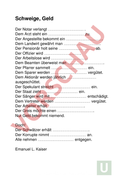 Arbeitsblatt: Gedicht Geld - Deutsch - Wortschatz