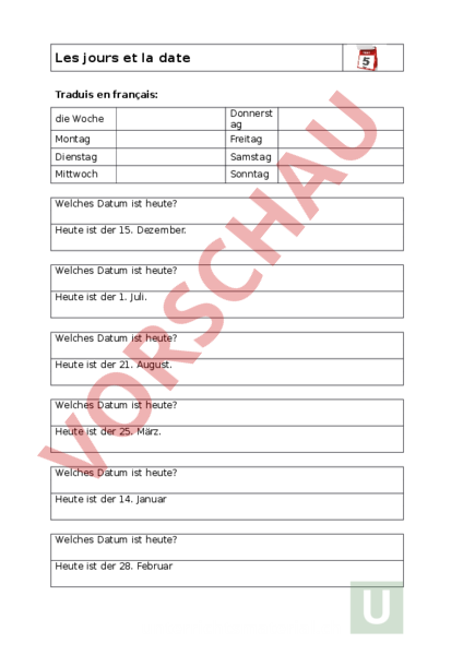Arbeitsblatt: les jours/la date/l'anniversaire - Französisch - Wortschatz