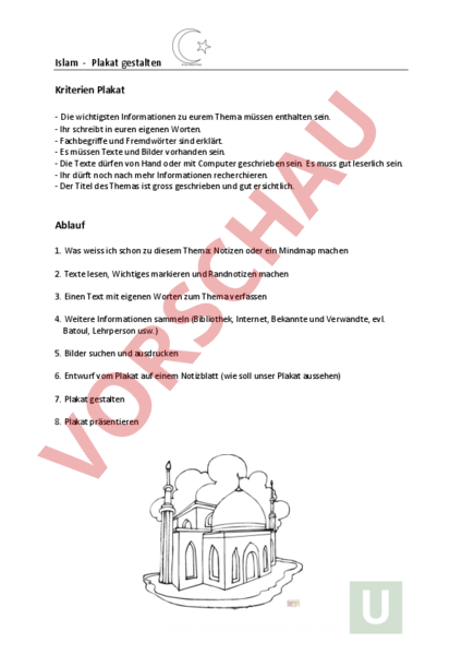 Arbeitsblatt: Kriterien Plakat Islam - Lebenskunde - Religionslehre / Bibel