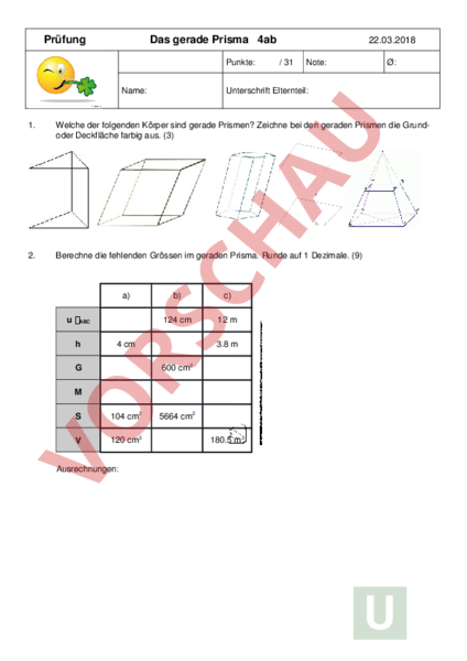 Arbeitsblatt: Prüfung Prisma - Geometrie - Körper / Figuren